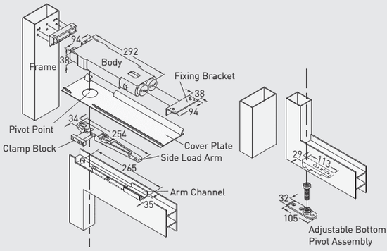 GEZE TS 430 Transom Closer EN3 Hold Open C/W side load arm & pivot set ...